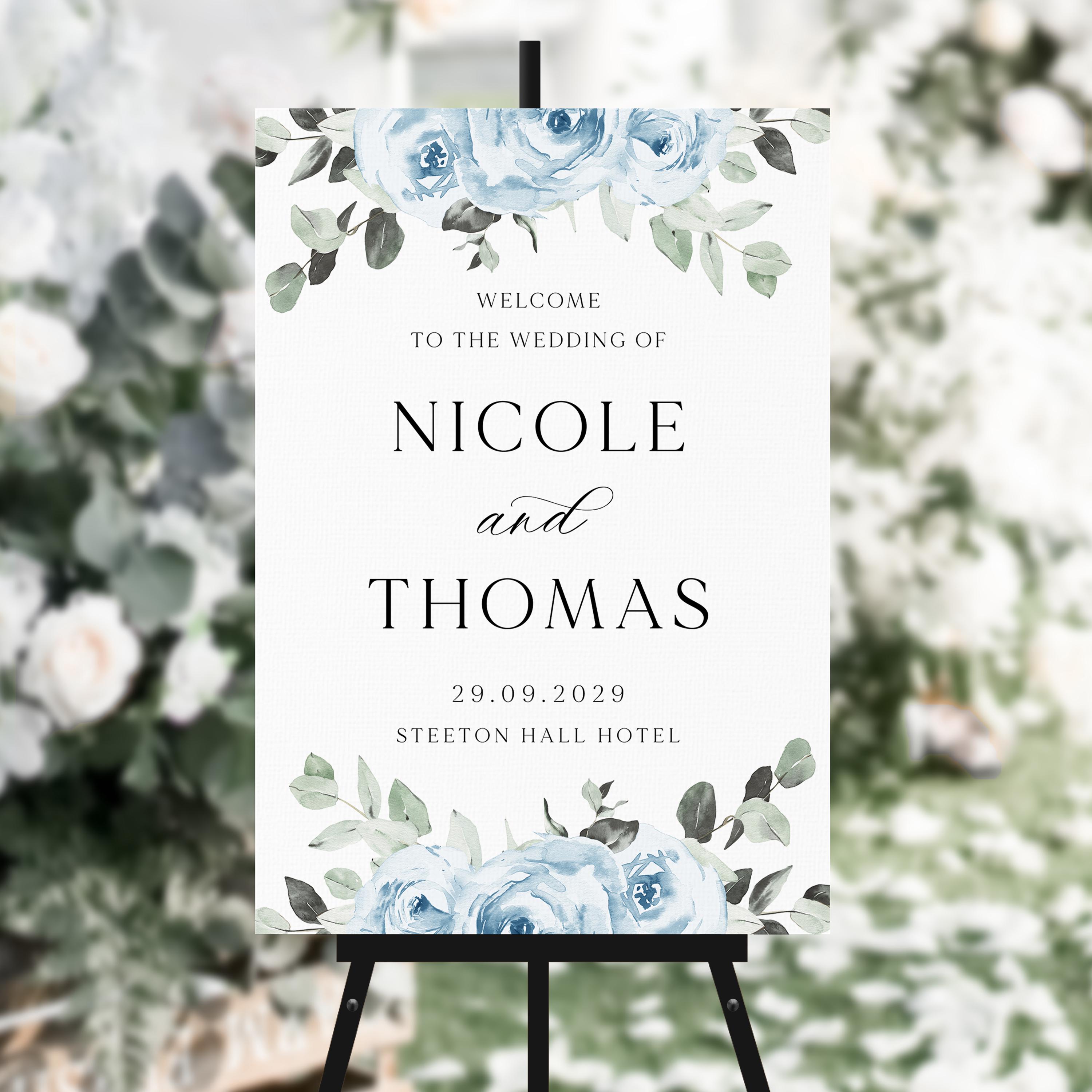 Baby Blue Floral Welcome to Our Wedding Sign, Blue & Eucalyptus Large ...