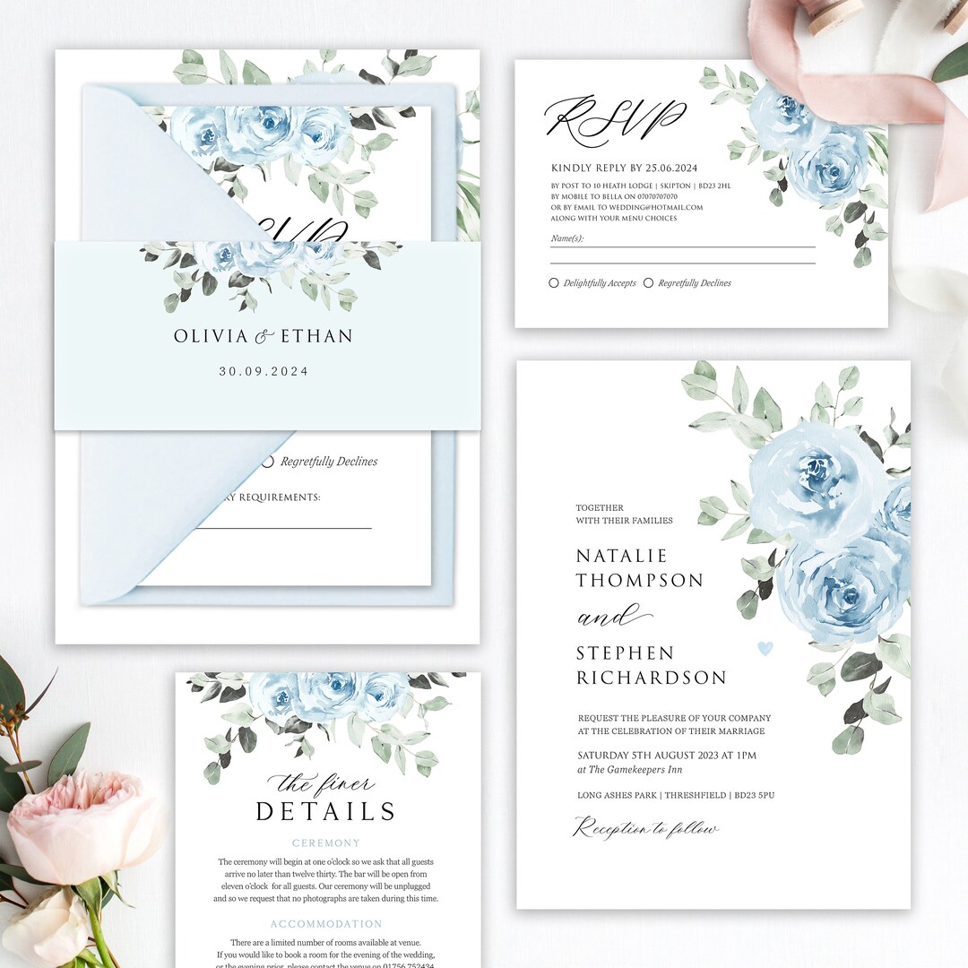 Baby Blue Floral Wedding Invitations, Blue Invitations Suite, Powder ...