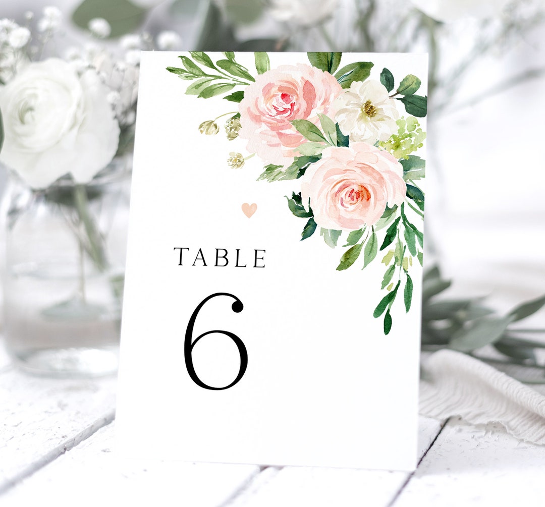 Blush Pink Floral Table Numbers, Wedding Table Number Cards, Dusky Pink ...