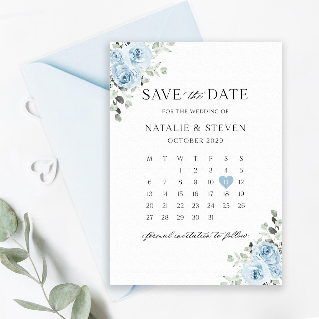 Baby Blue Floral Save the Dates, Blue & Eucalyptus Wedding Announcement ...