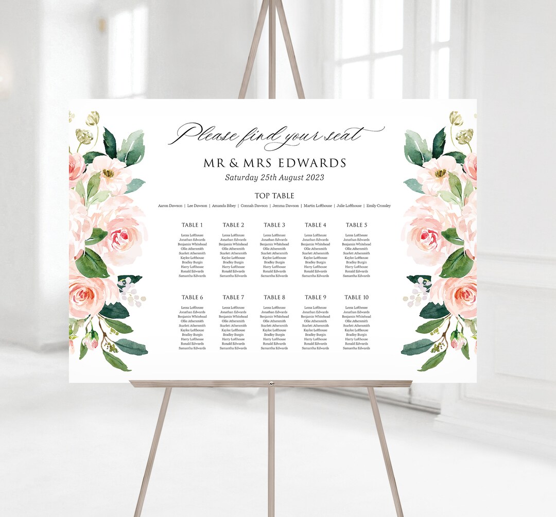 Blush Pink Floral Wedding Table Plan Board, Blush Pink & Ivory Floral ...