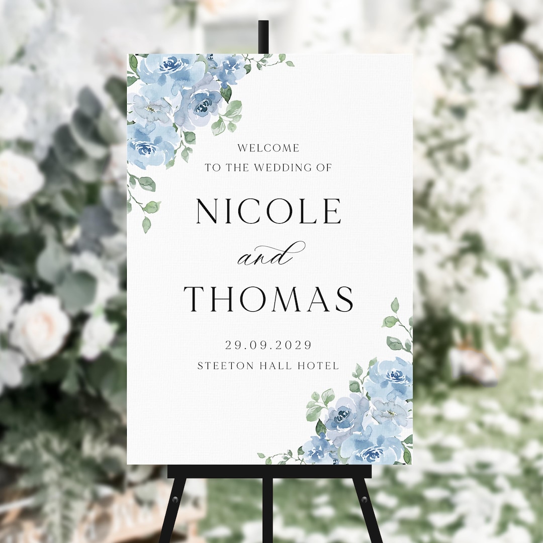 Dusky Blue Floral Welcome to Our Wedding Sign, Pastel Blue Personalised ...