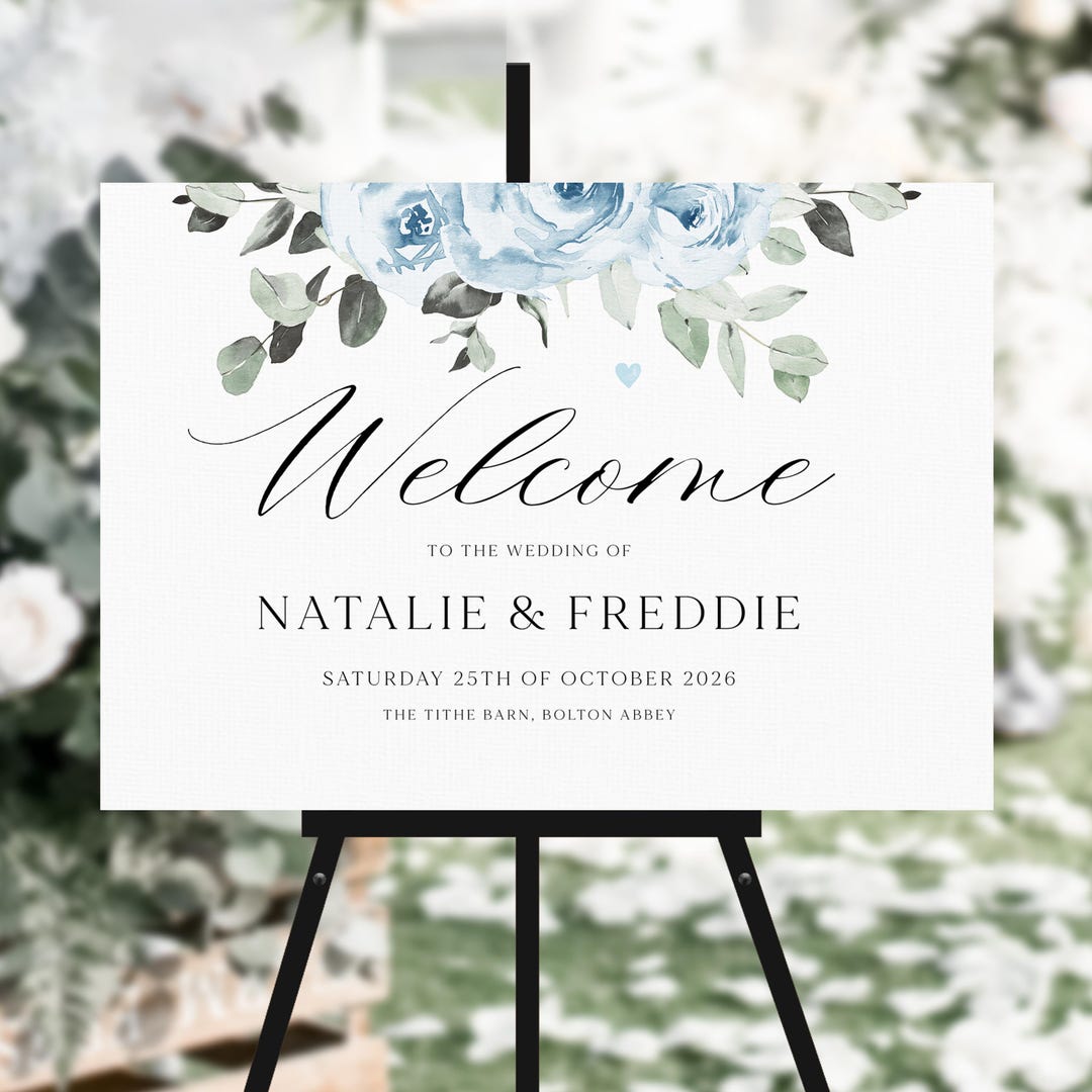 Baby Blue Floral Welcome to Our Wedding Sign, Wedding Board, Dusky Blue ...