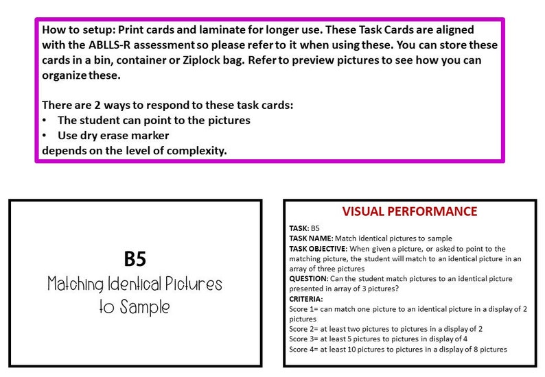 ABLLS-R Aligned B5 Matching Task Cards, Identical Pictures to Sample ...