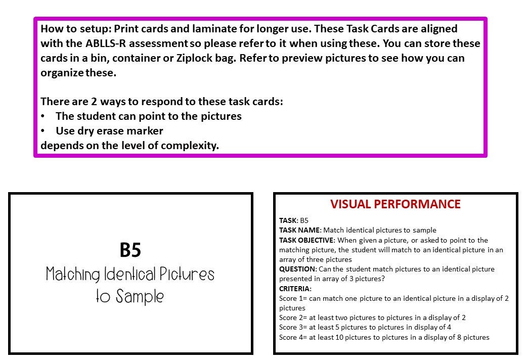 ABLLS-R Aligned B5 Matching Task Cards, Identical Pictures to Sample ...