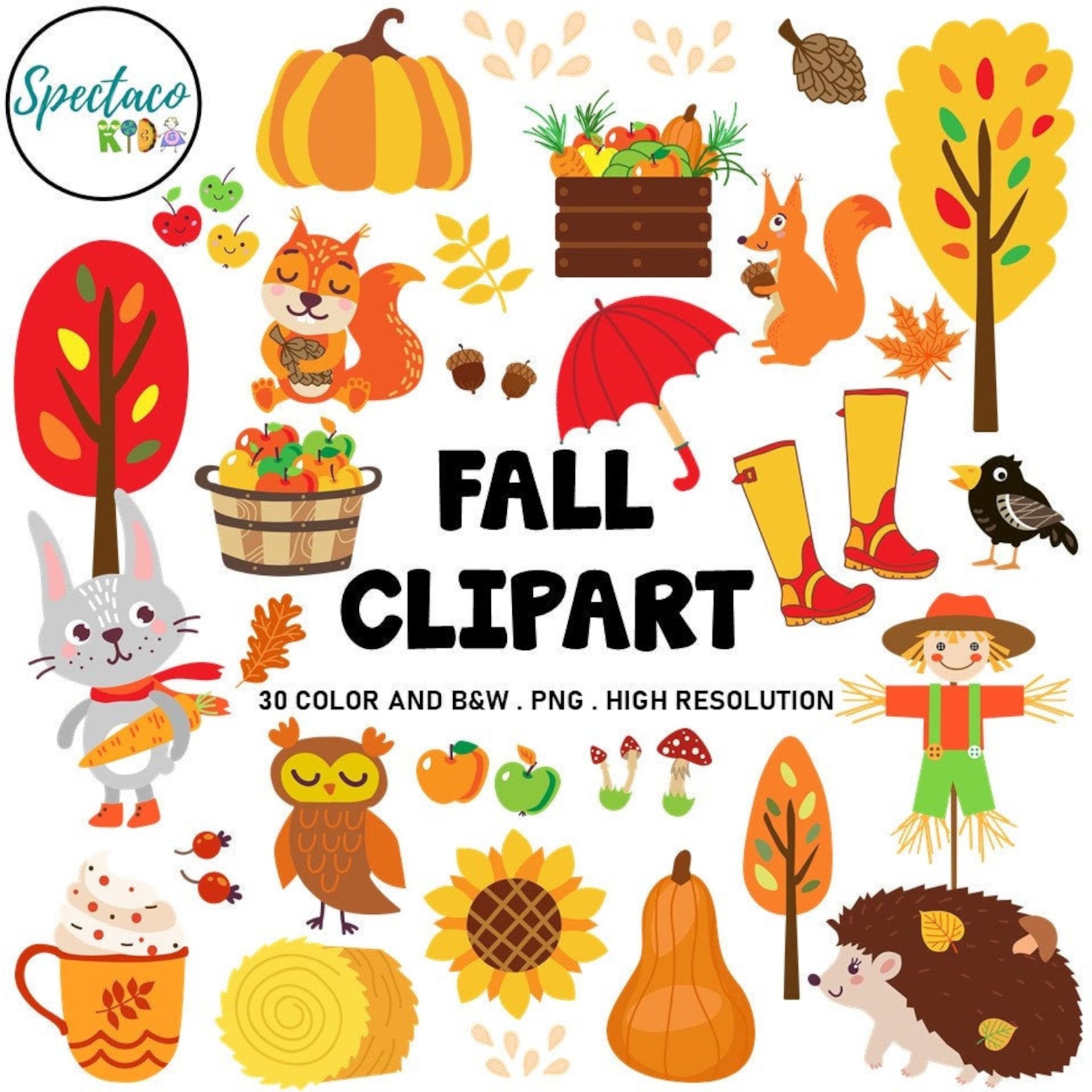 Fall Clipart Set, Autumn Animals, Leaves, Pumpkins (PNG- Instant ...