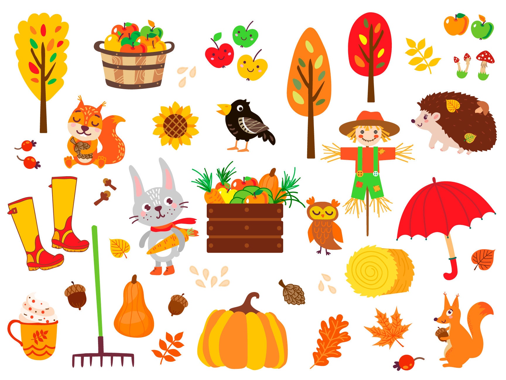 Fall Clipart Set, Autumn Animals, Leaves, Pumpkins (PNG- Instant ...