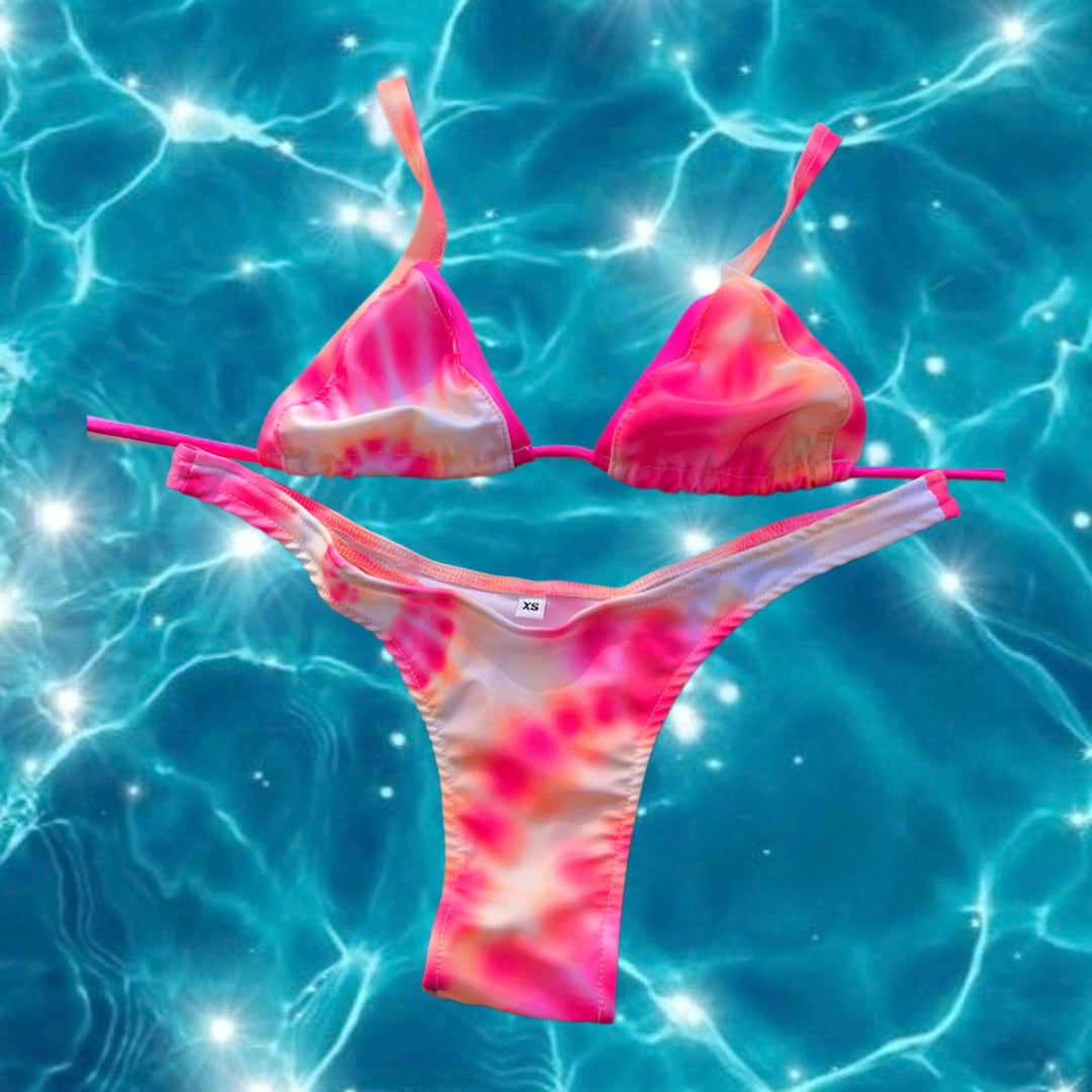 Peachy Pink Tropical Tie Dye Print High Cut Cheeky Thong, Traditional ...