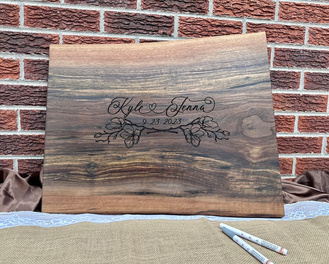 Walnut Live Edge Wedding Guest Book - Floral Heart-linked Design - NEW ...