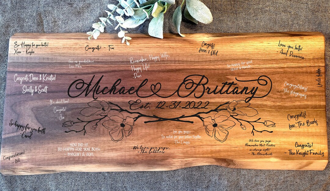 Walnut Live Edge Wedding Guest Book Floral Heart-linked Design NEW ...