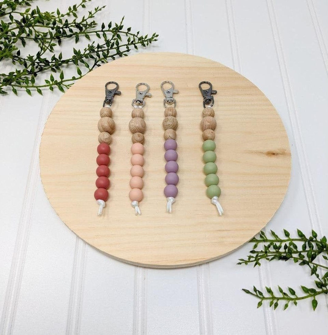 Boho Keychain, Bohemian Keychain, Wood Beaded Keychain, Silicone ...