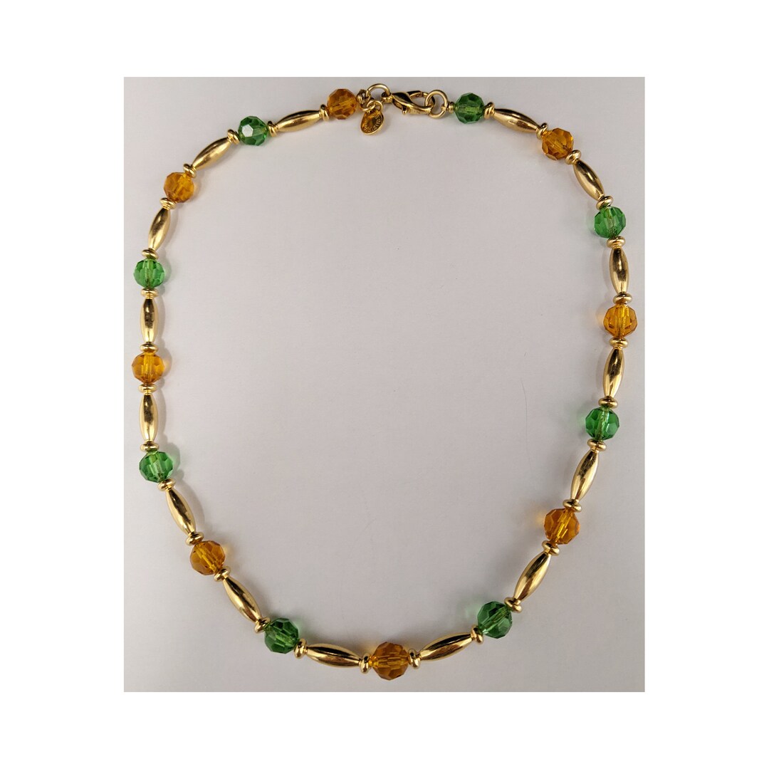 17" Necklace Enhanced by Faceted Light Green & Citrine-shade Beads With ...
