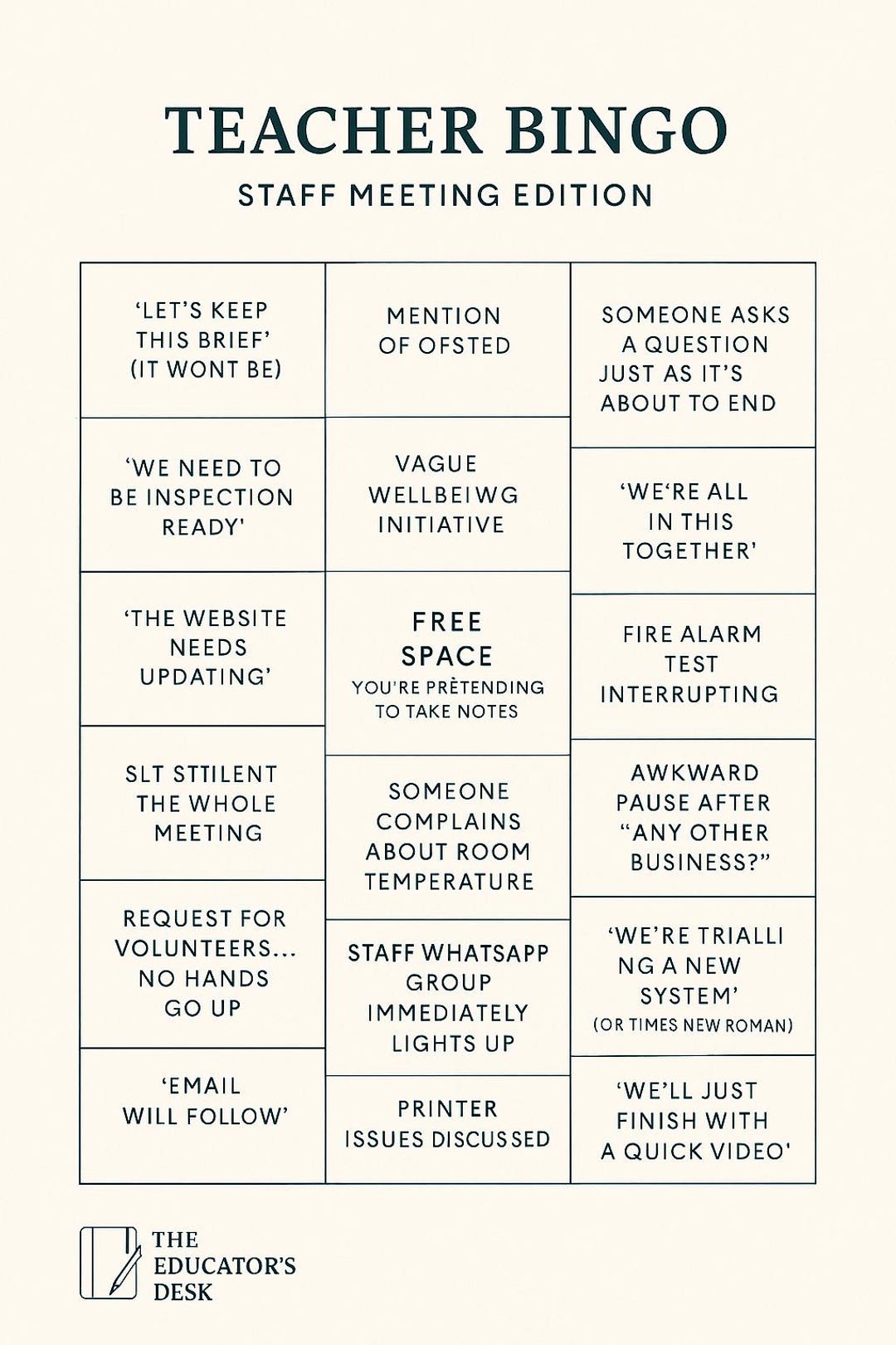 Teacher Bingo – Staff Meeting Edition | Funny Printable PDF | UK ...