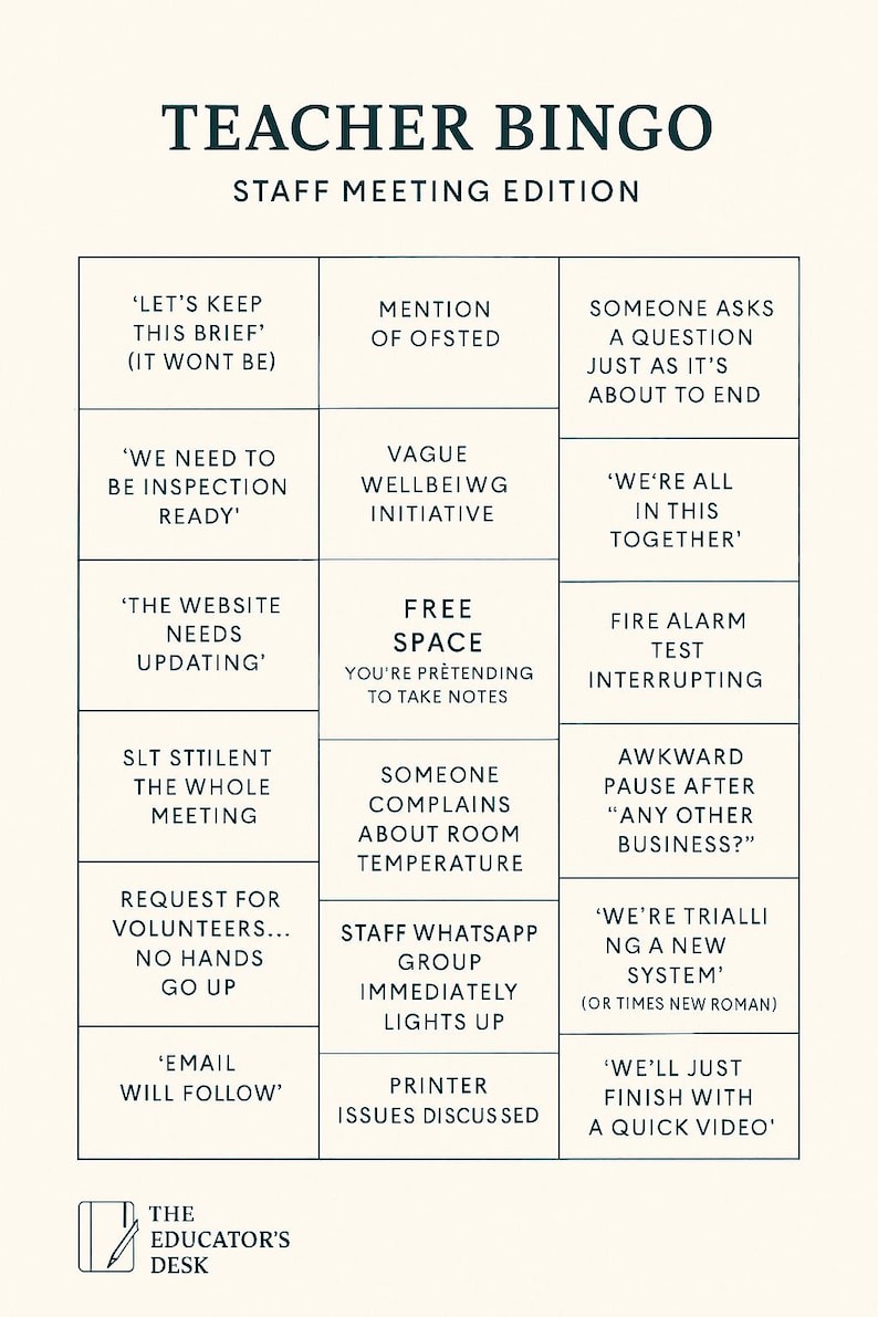 Teacher Bingo – Staff Meeting Edition | Funny Printable PDF | UK ...