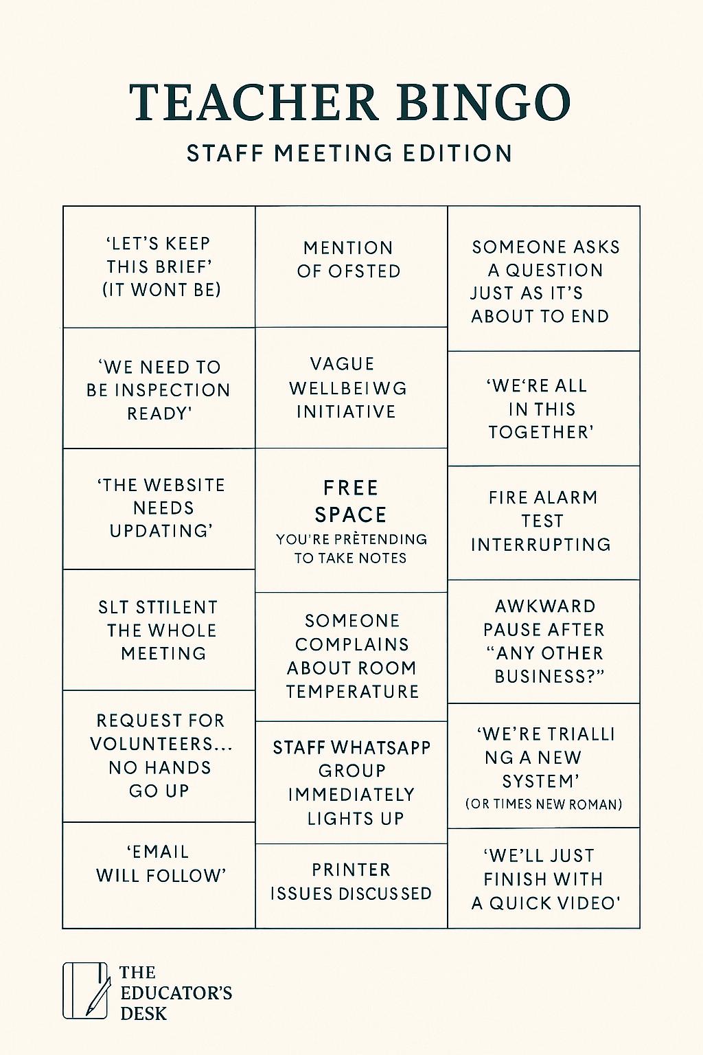 Teacher Bingo – Staff Meeting Edition | Funny Printable PDF | UK ...
