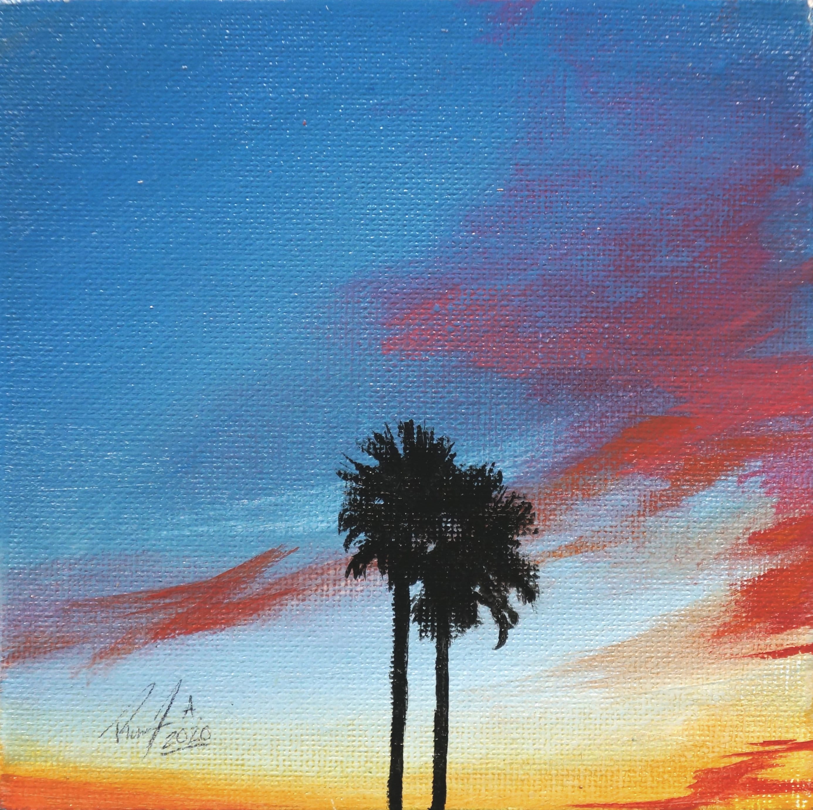Cold Palms Acrylic Painting on Canvas Panel Tropical Sunset Scenery Art ...