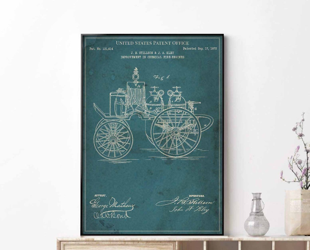 Fire Engine Car 1872 Print Patent Vintage Retro Gift Dad Father ...