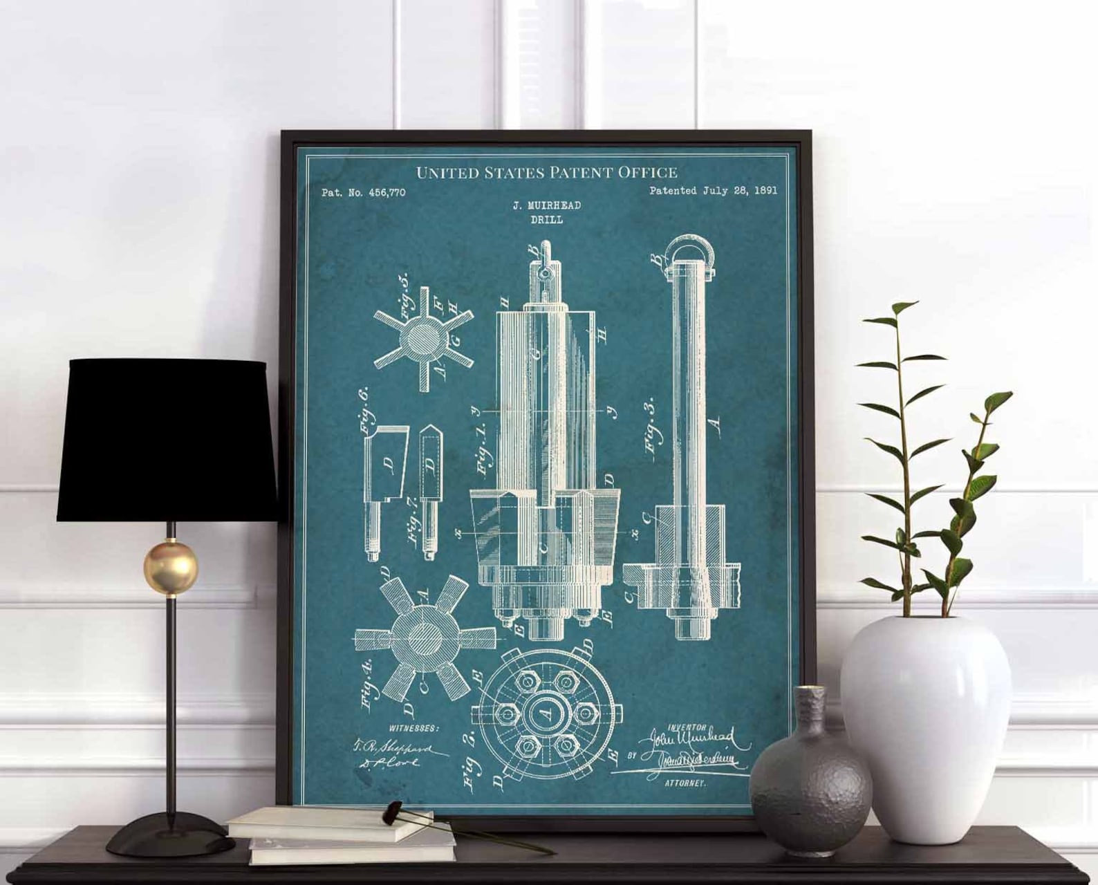 Impresión de patente de taladro de 1891, arte mural con planos antiguos ...