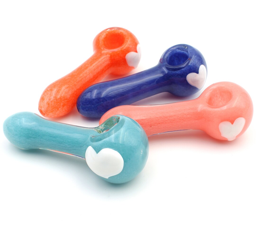4.5" White Heart Glass Smoke Bowl Baby Pink Blue Heavy Thick Smoking ...