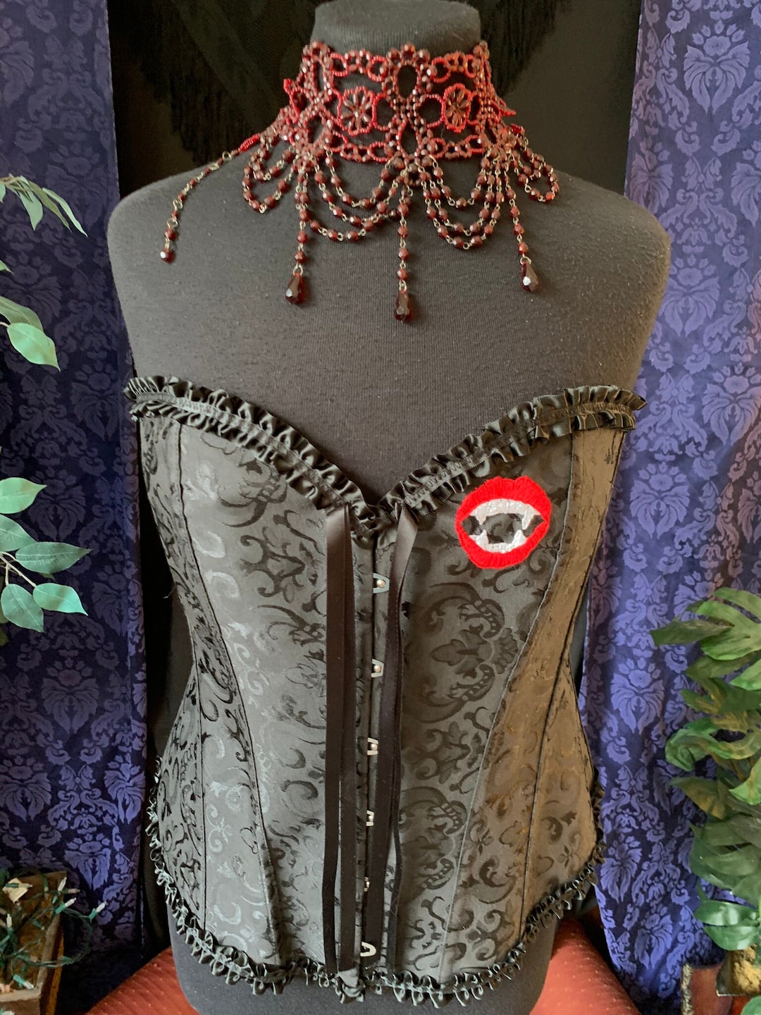 One of a Kind Embroidered Vampire Black Corset, Fangs Macabre Witch ...