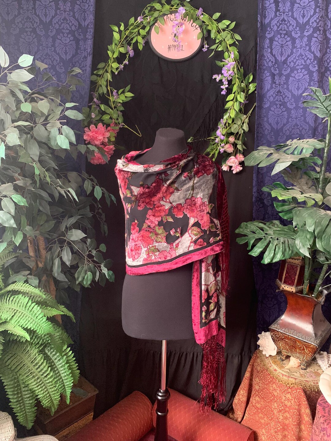 Vintage 2000s Old World Style Velvet Rose Tassel Scarf Shawl, Babushka ...