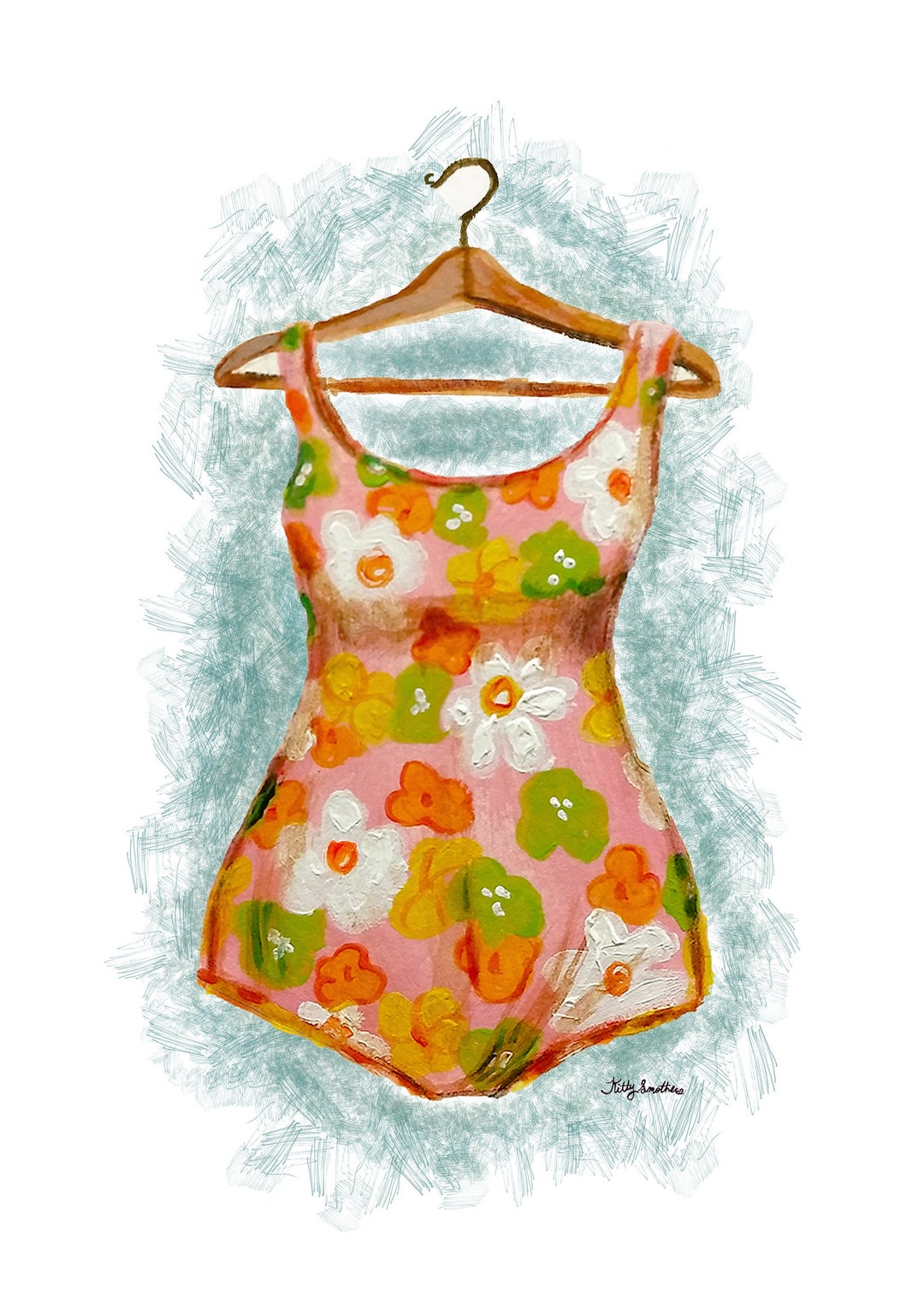 Retro Pink Flower Power Bathing Suit Art Print by Kitty - Etsy