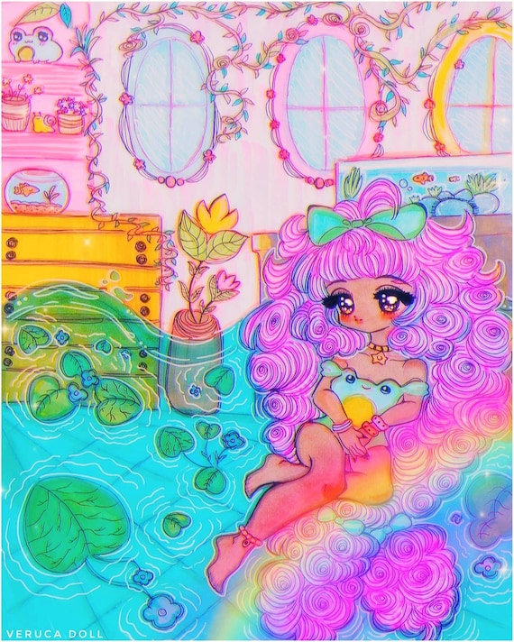 90s Anime Frog Rainbow Aesthetic Art Print Sizes: 5x7 8x10 | Etsy