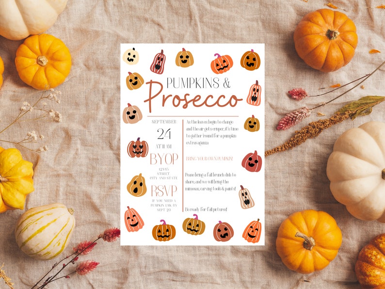 Pumpkin and Prosecco Fall Brunch Invitations - Etsy