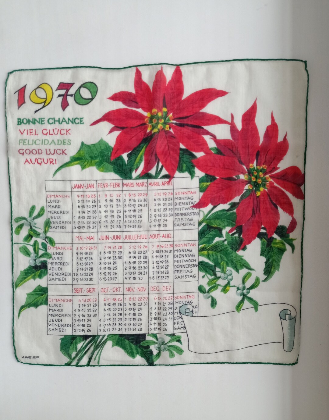 70s KREIER Calendar 1970 Cotton Handkerchief Made in Switzerland 31 Cm ...
