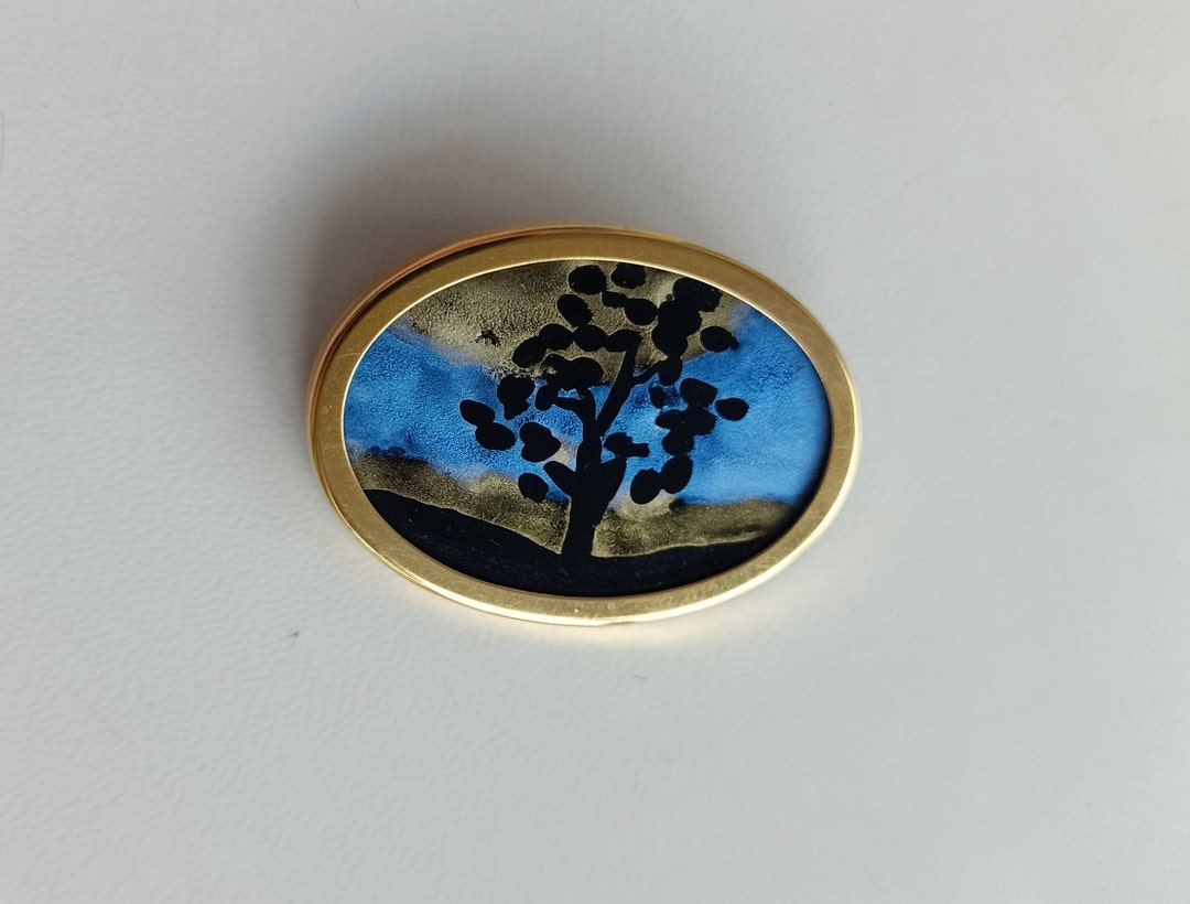 UHLIG 70s German Oval Hand-painted Pin Brooch Picture Tree - Etsy