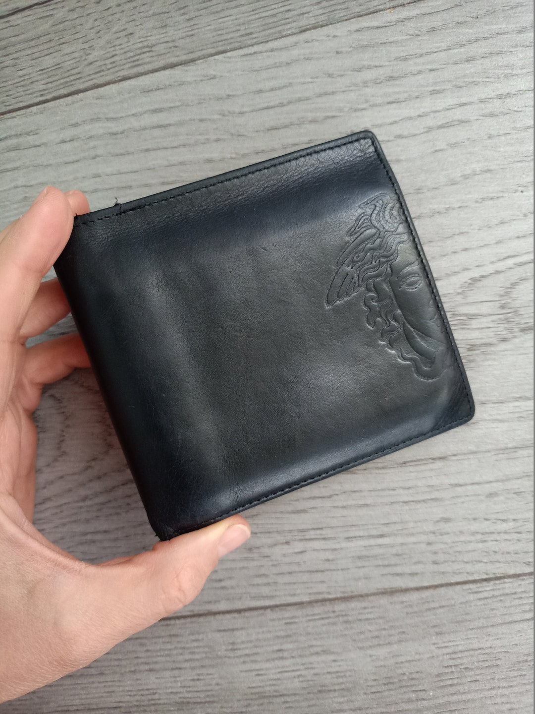 90s Gianni Versace Minimal Black Leather Mens Wallet Medusa Head ...