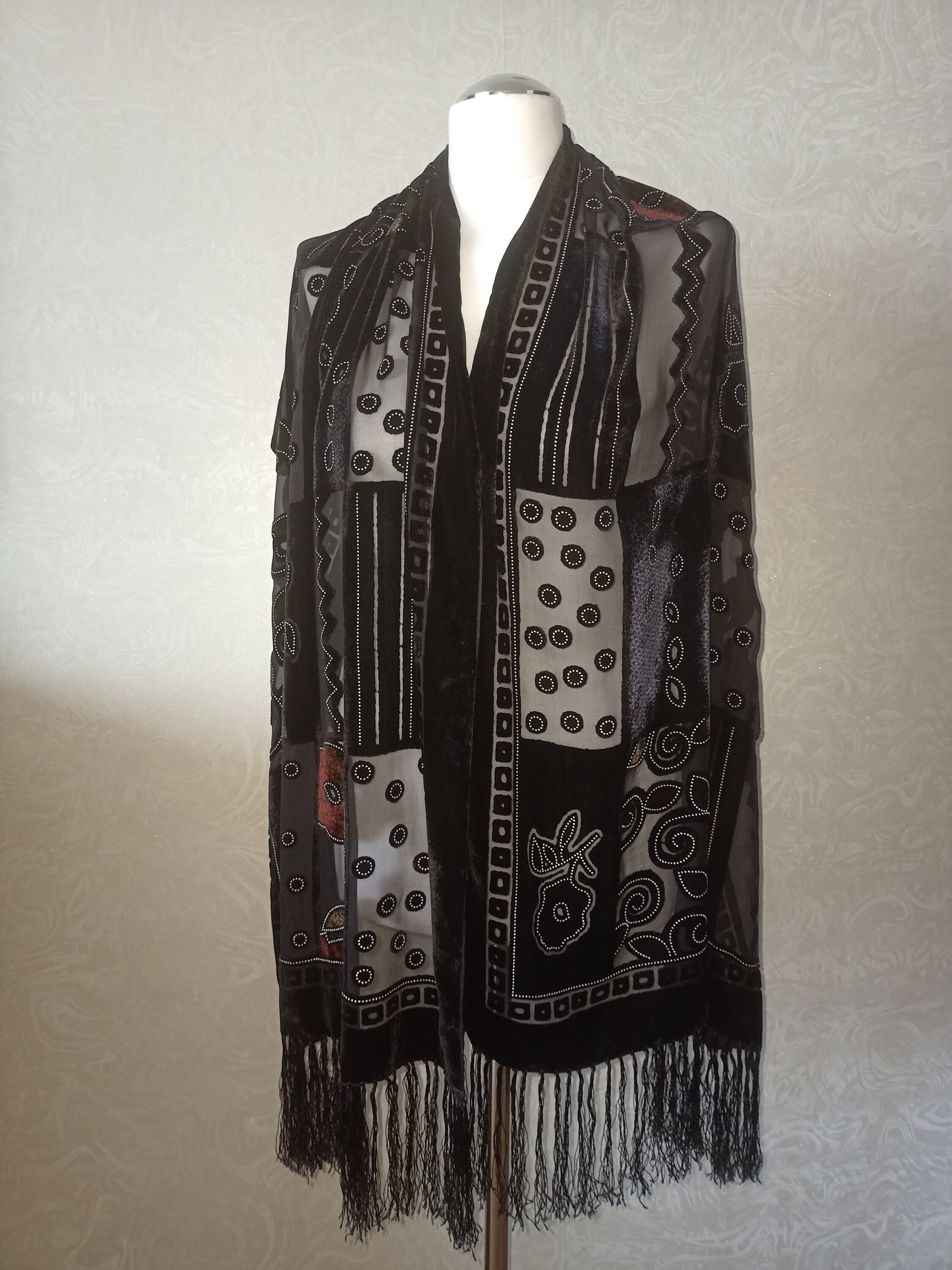 ELEGANCE DEVORE scarf Vintage Devore Velvet Silk Scarf Black | Etsy