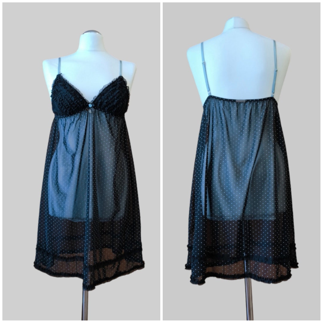VIVE MARIA Y2k Goth Polka Dot Black Mesh Sleep Dress Babydoll Rare Size ...