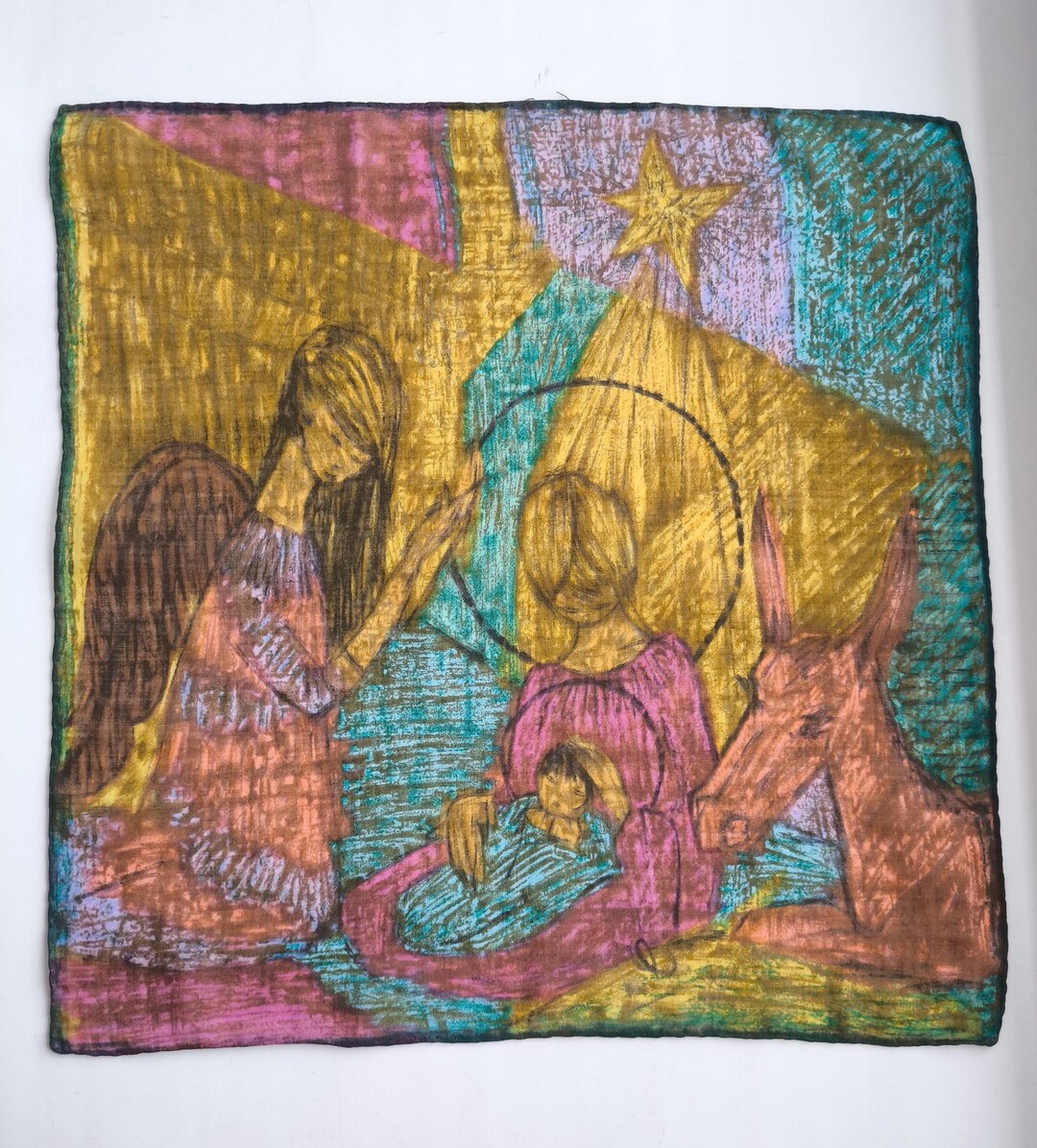 VINTAGE Birth of Jesus Christ Nativity Scene Religious Handkerchief ...