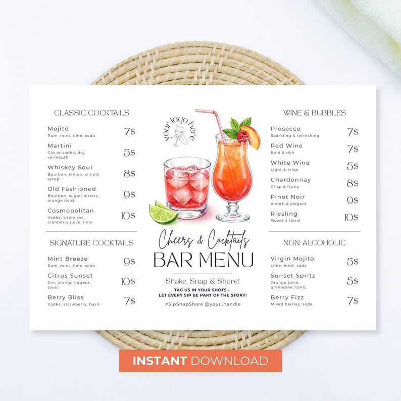 Bar Menu Template, Cocktail Menu, Drink Menu Sign, Signature Drinks ...