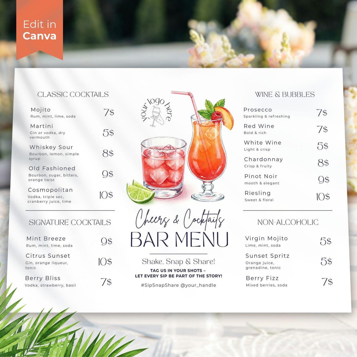Bar Menu Template, Cocktail Menu, Drink Menu Sign, Signature Drinks ...