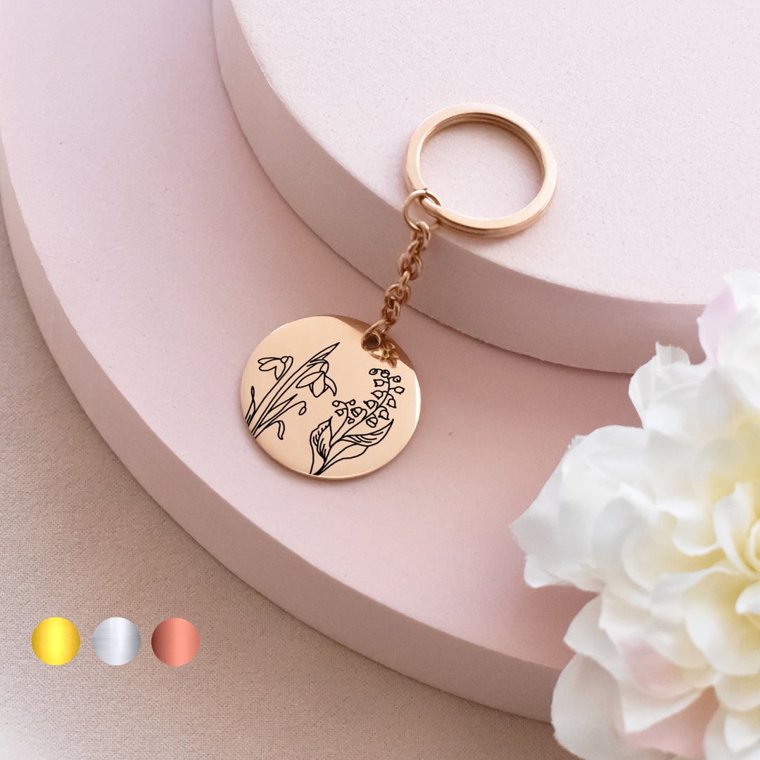 Combined Birth Flower Bouquet Key Chain Gift for Her, Mothers Day ...