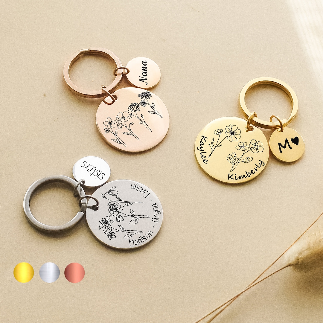 Personalized Name Initials Birth Flower Key Chain ,engraved New Baby ...
