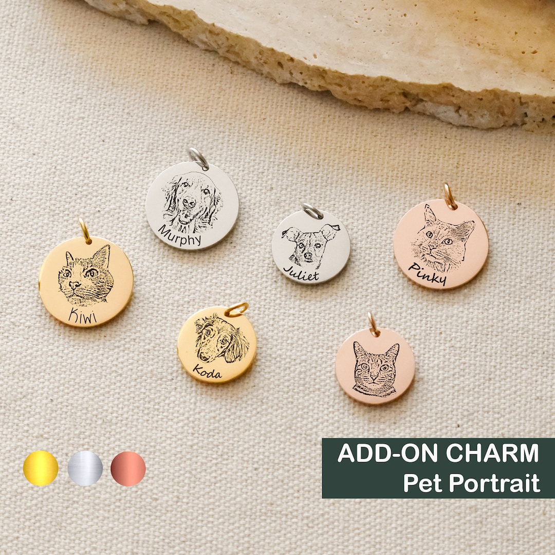 Pet Portrait Charm Add-on With Personalized Name, Silver, Gold and Rose ...