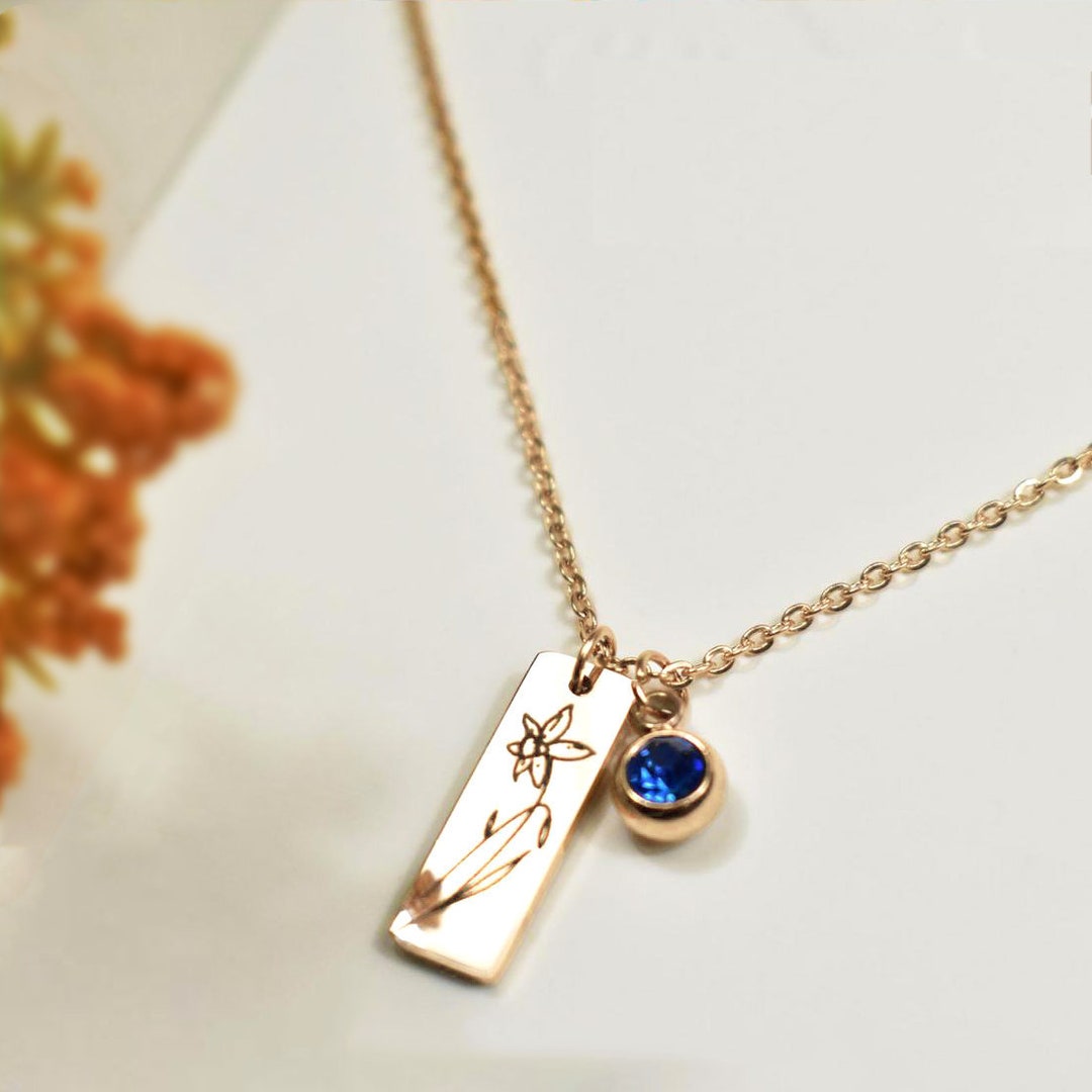 Birth Month Flower Necklace With Birth Stone Personalized - Etsy