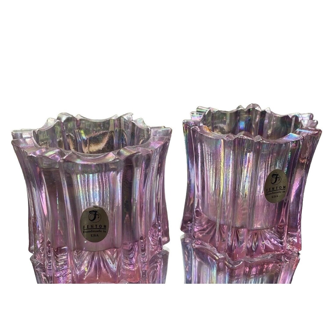Fenton Glass Votive Candleholders Vulcan Pink Iridescent Opalescent Vtg ...