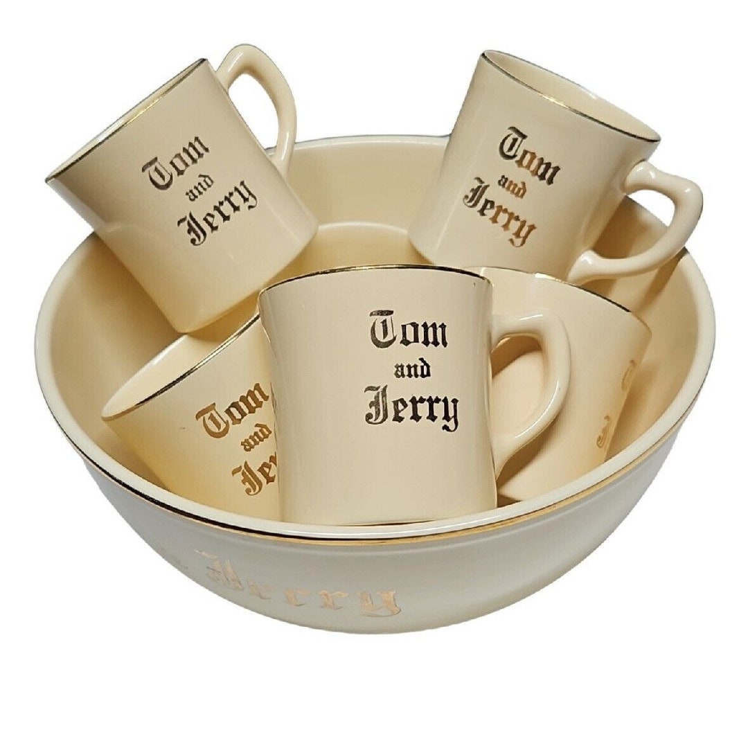 Tom and Jerry Punch Bowl Set Ivory Gold Vtg Homer Laughlin Christmas ...