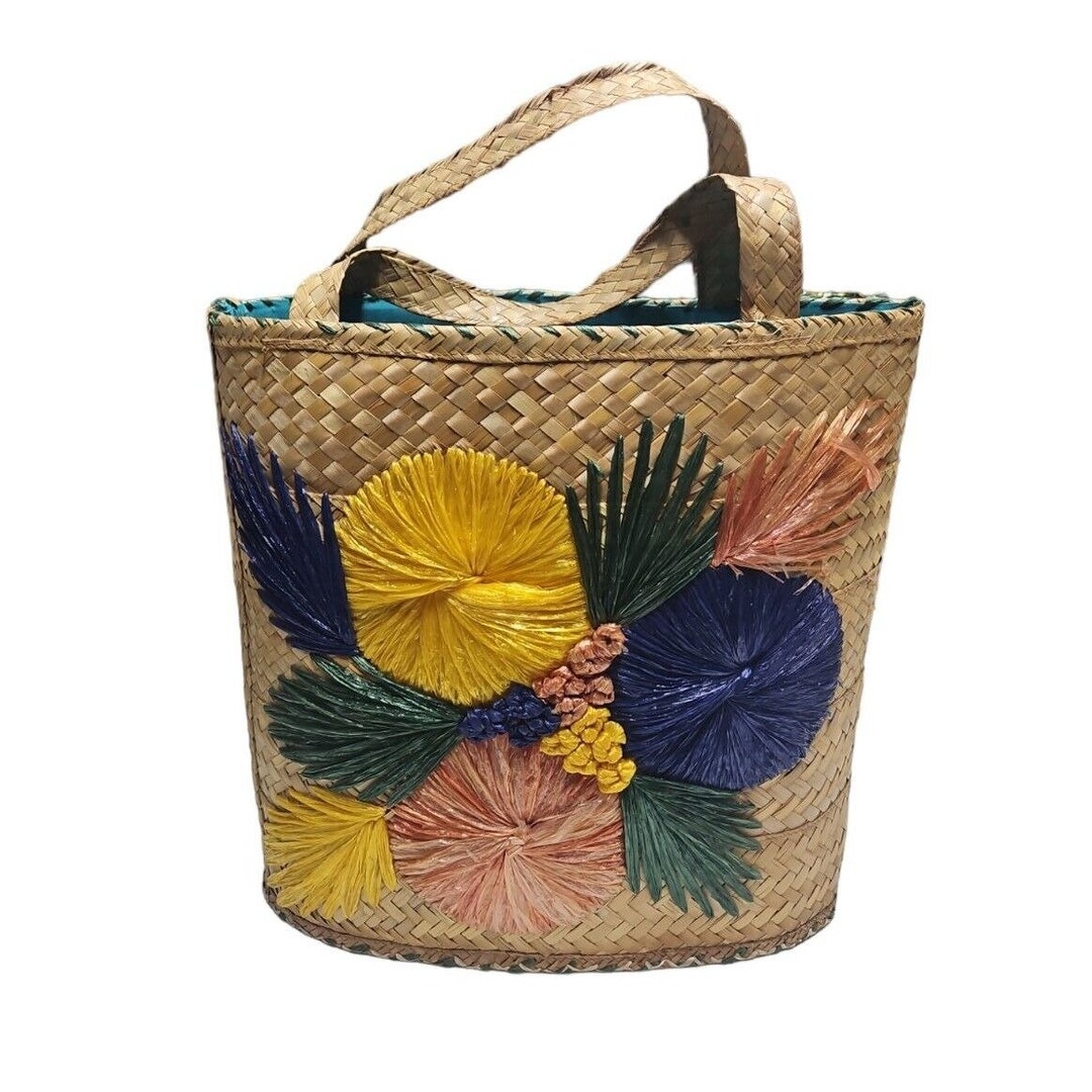 Woven Straw Bag Floral Wicker Rattan Handbag Beach Tote Basket Boho ...