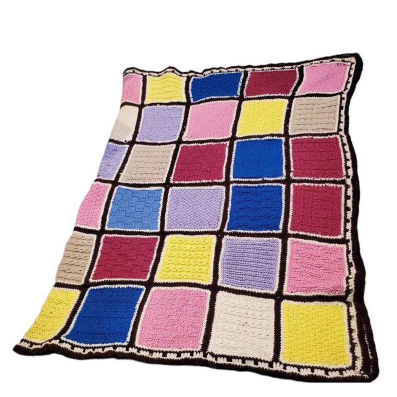 Crocheted Afghan Throw Blanket Colorblock Checkerboard Boho 64 Handmade ...