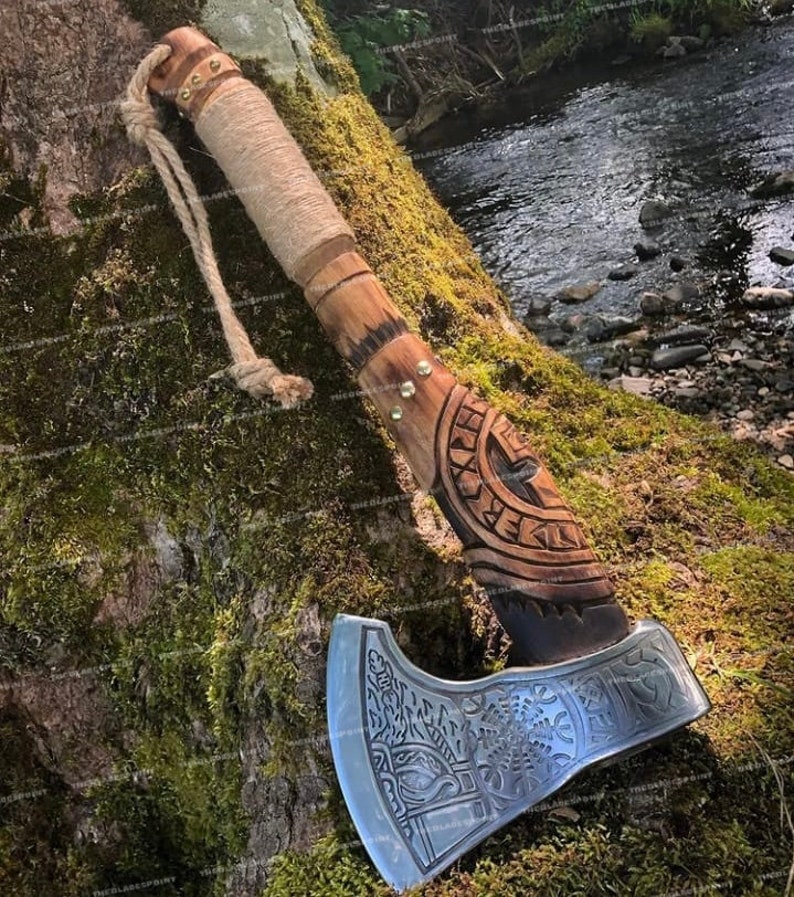 Viking Axe Engraved Wolf Bearded Hand Axe Drop Forged Carbon Steel ...