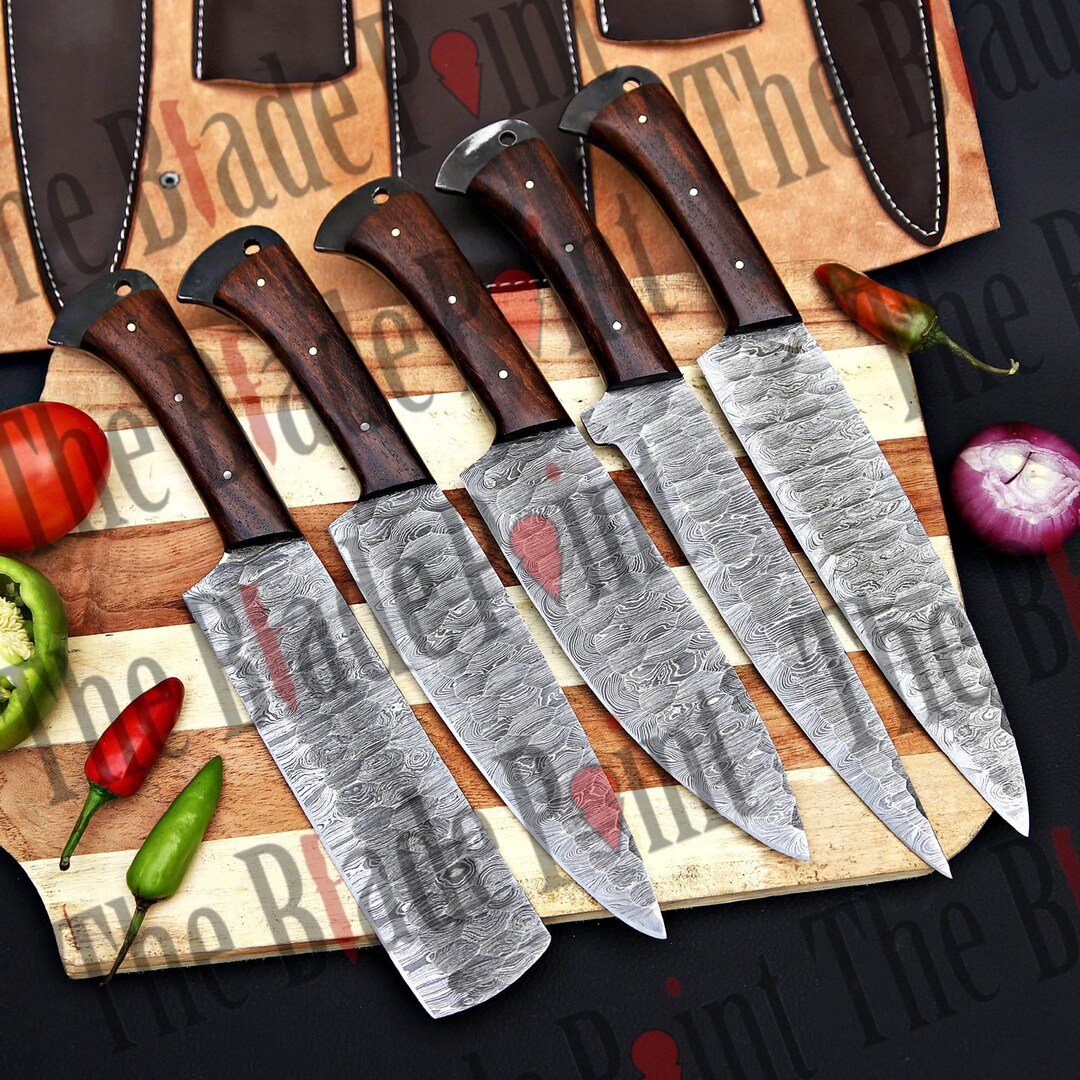 Hand Forged Damascus Chef Set Damacus Knife Set Kitchen Knives Chef Knife 5pcs ANNIVERSARY Gift ...