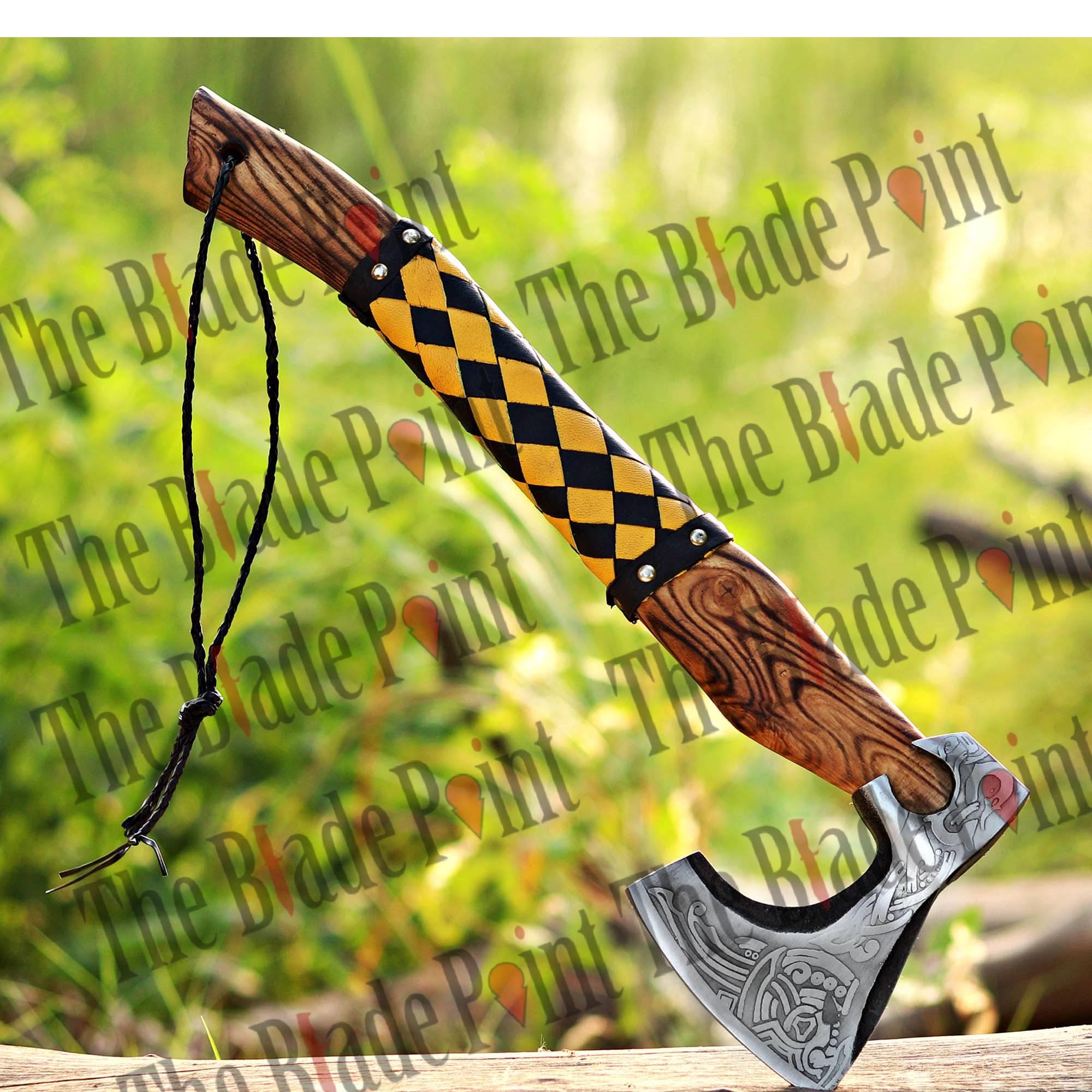 Viking Axe Engraved Wolf Bearded Hand Axe Drop Forged Carbon Steel ...