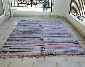 Long Authentic Greek Faded Chindi Rug Stripped Hand Woven Loom Rug ...