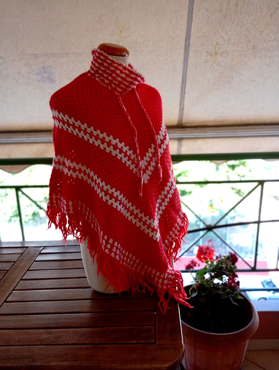 Greek Vintage From 80's Wrap Shawl Handmade Crocheted White Red Made in ...