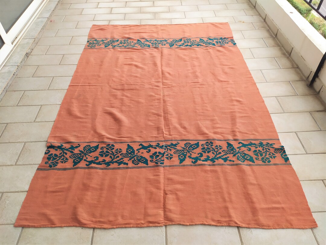 Woven Greek 50's Kilim Salmon Mediterranean Blue Handwoven Wool Organic ...